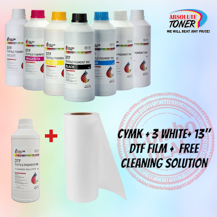 Color Prime DTF Ink & Film Bundle – CMYK + 3 Bottles High-Opacity Whit
